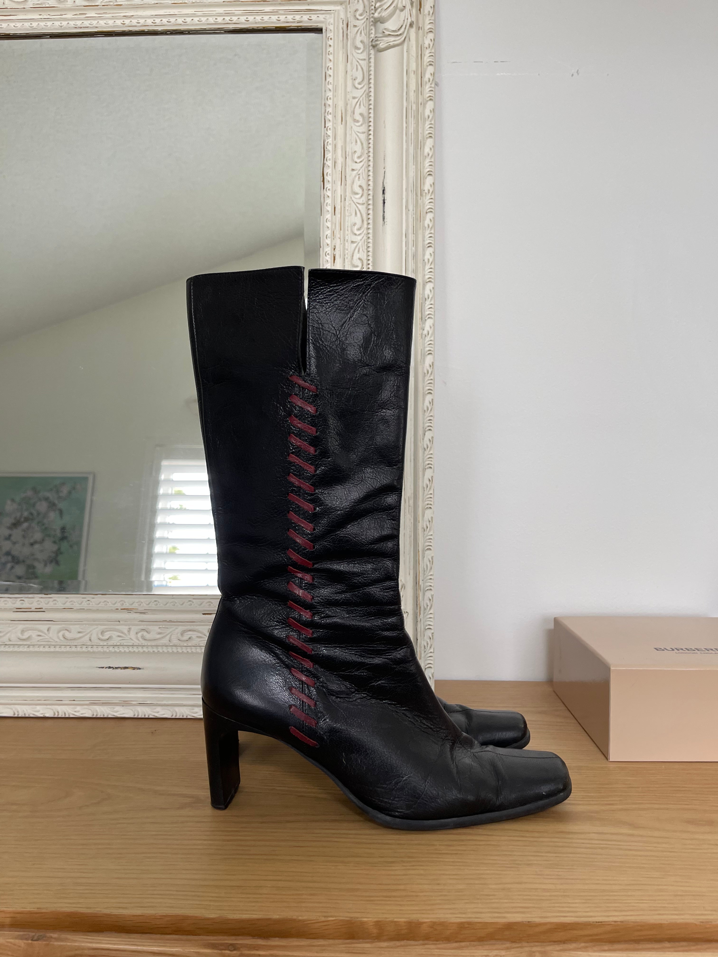 Black Leather Boots with Red Stitching – Augusta